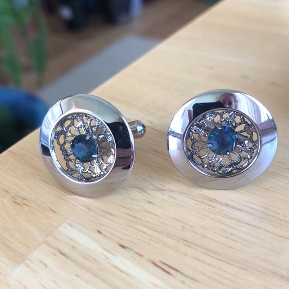 Accessories | Vintage Round Chrome Finish Blue Crystal Cufflinks | Poshmark